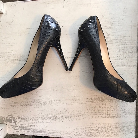 Jimmy Choo | Shoes | Rare Jimmy Choo Embossed Black Leather Cosmic Python Studded Heels 8eur 385 ...